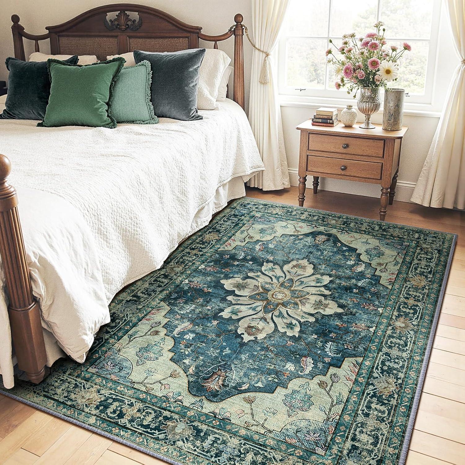 Area Rugs 3’x5′ Washable Non-Slip, Floral Vintage Distress Print ...