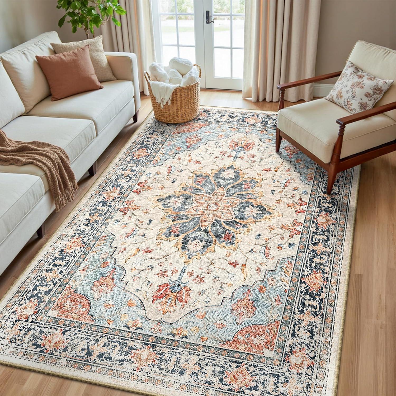 Area Rugs 3’x5′ Washable Non-Slip, Floral Vintage Distress Print ...
