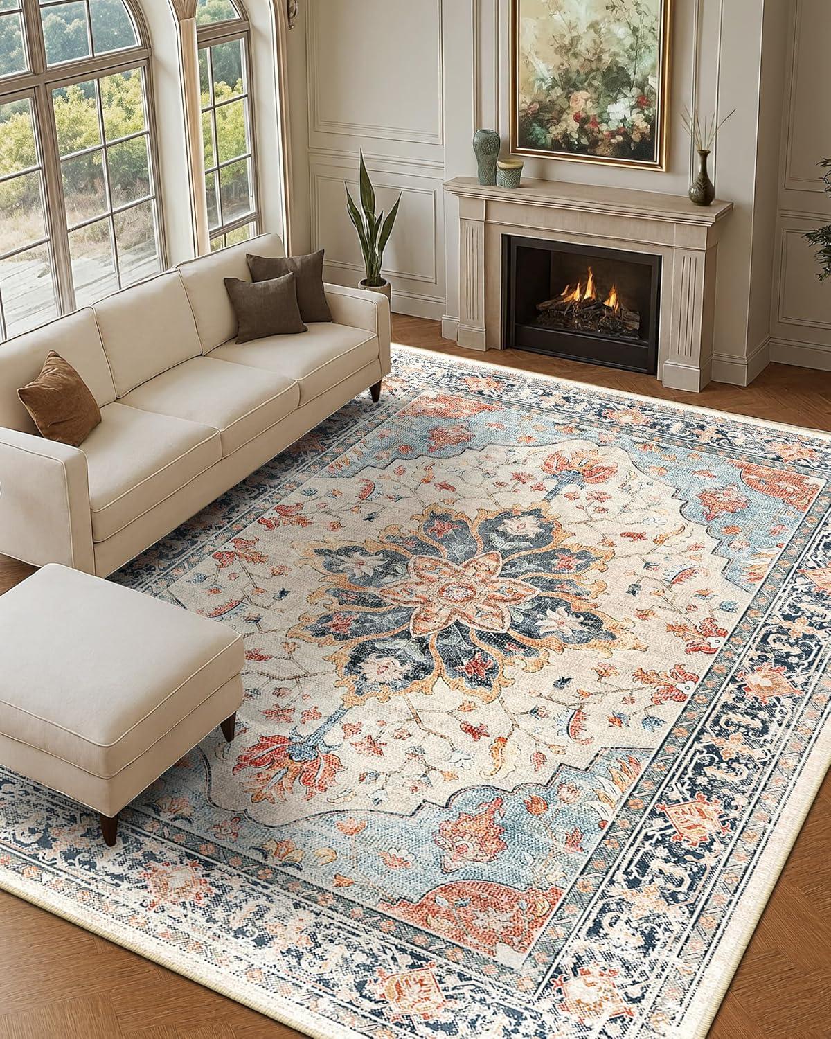 Area Rugs 3’x5′ Washable Non-Slip, Floral Vintage Distress Print ...