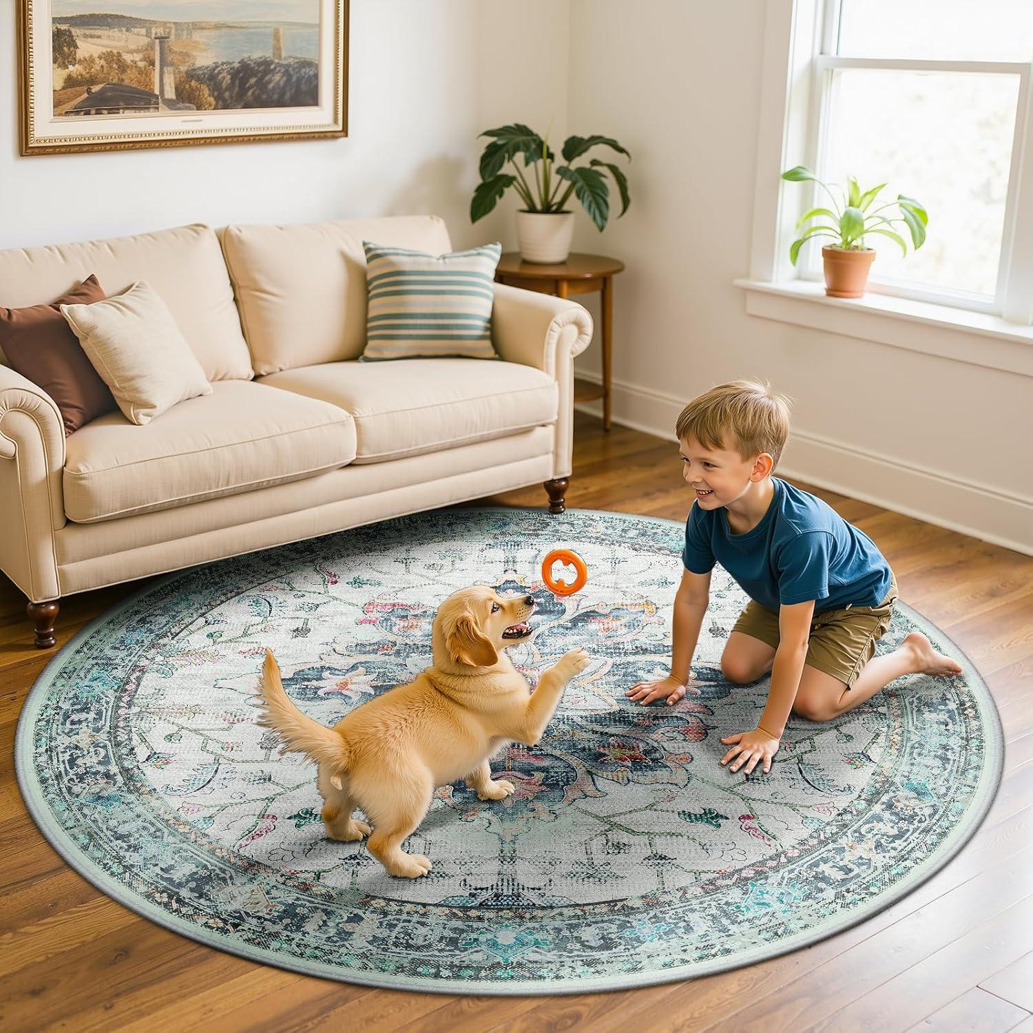 Area Rugs 3’x5′ Washable Non-Slip, Floral Vintage Distress Print ...