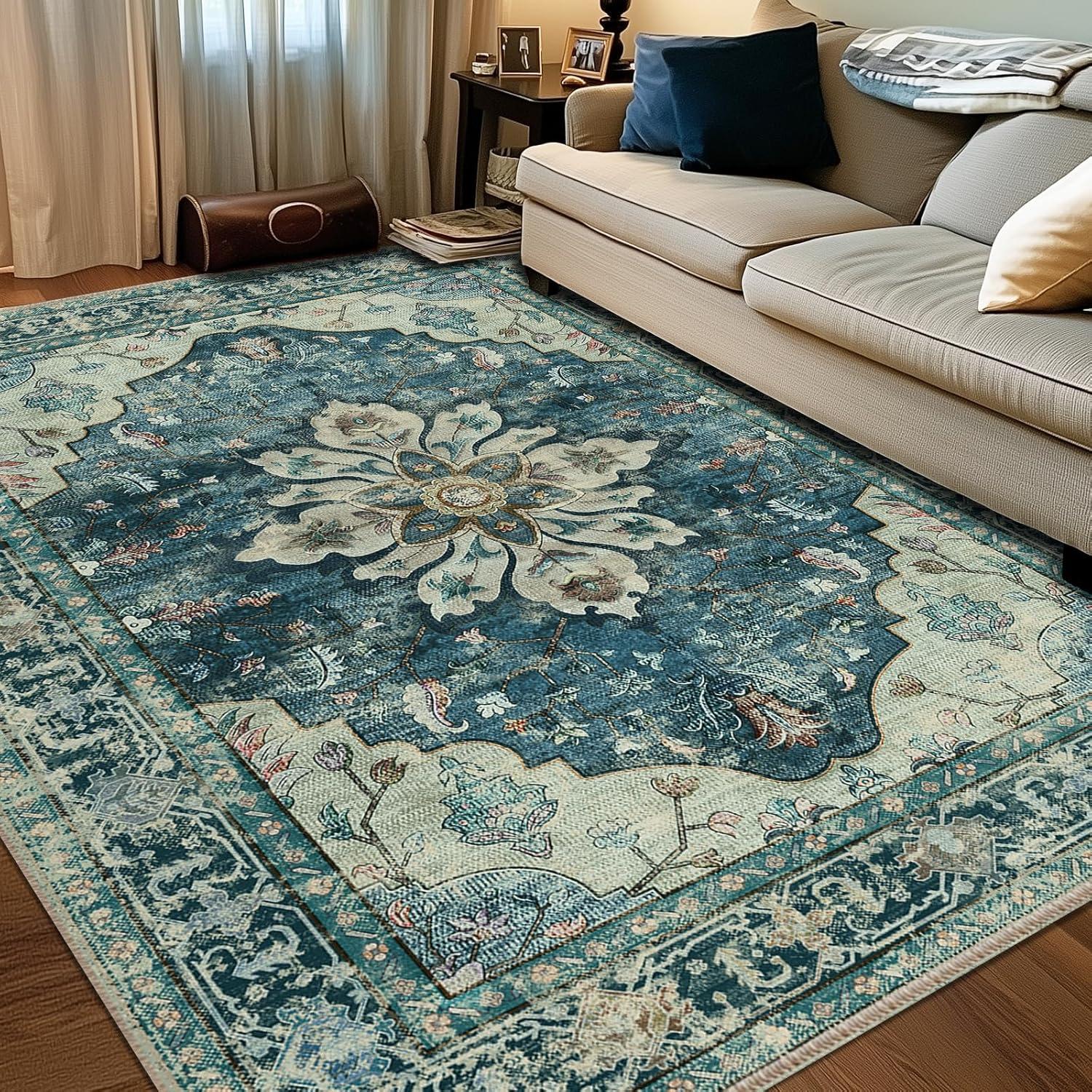 Area Rugs 3’x5′ Washable Non-Slip, Floral Vintage Distress Print ...