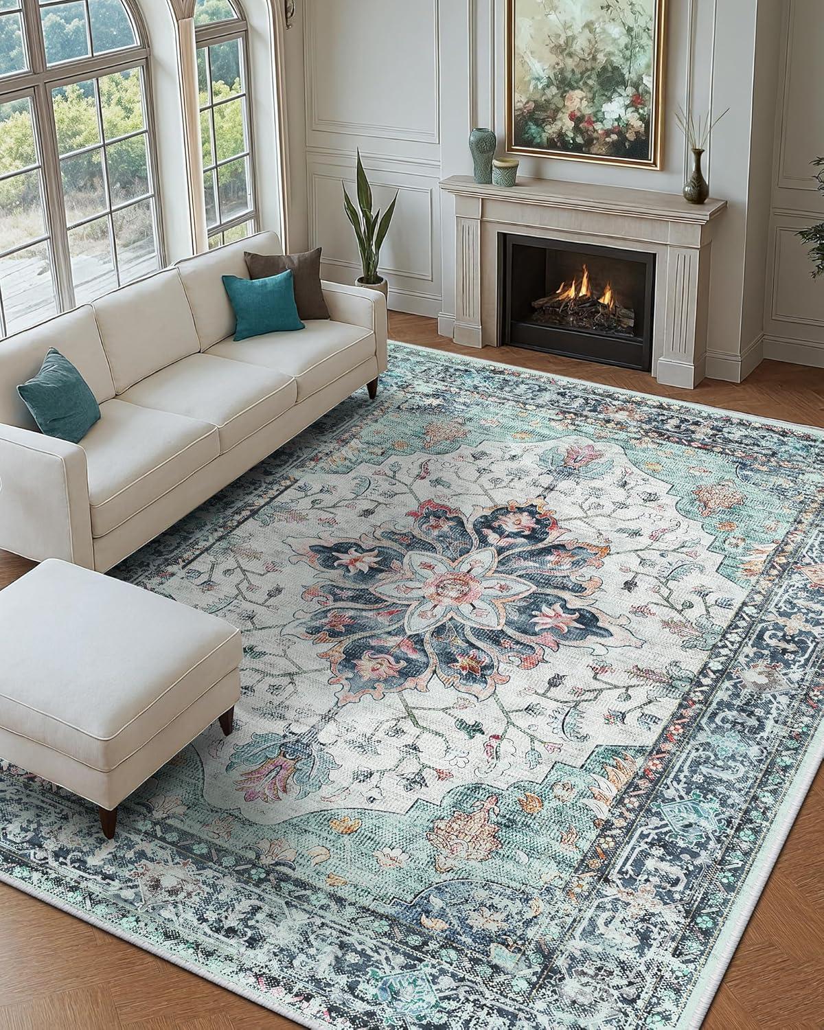 Area Rugs 3’x5′ Washable Non-Slip, Floral Vintage Distress Print ...
